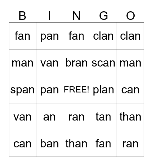 Word family an Bingo Card