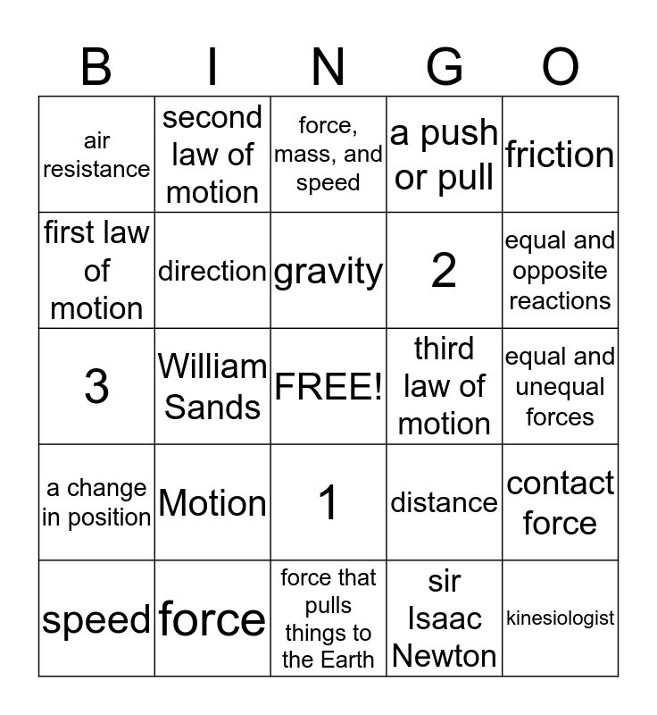 Physical Science Ch. 3 Bingo Card