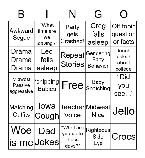 Bowman Family Bingo Card