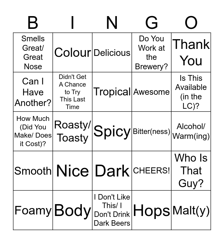 Beer Tasting Bingo Card
