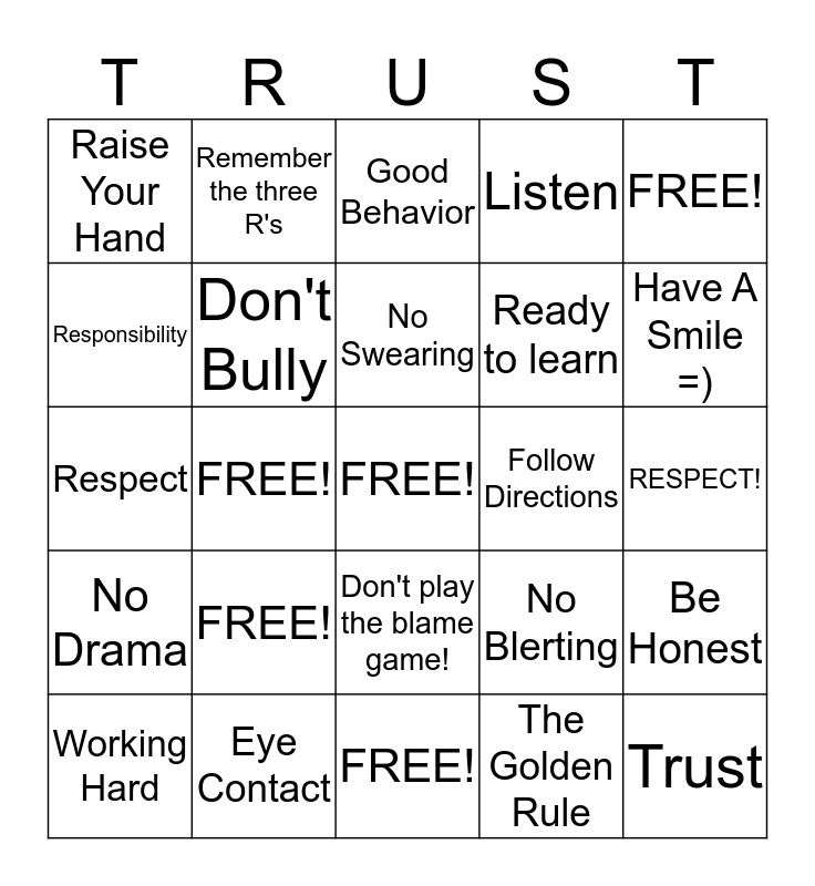 Respect Bingo "TRUST" Bingo Card