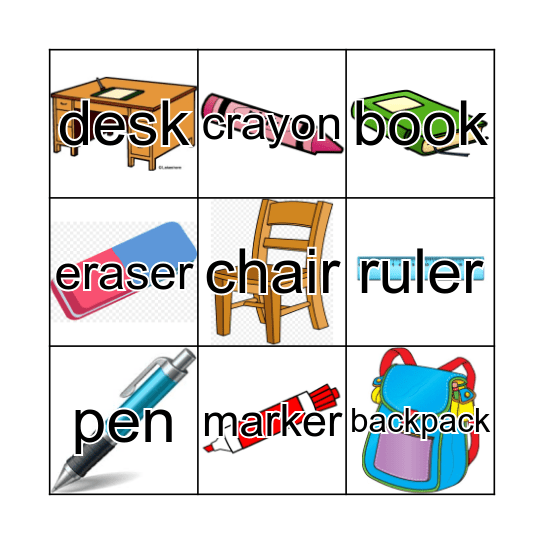 classroom objects Bingo Card