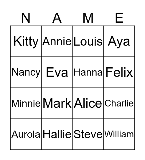 Names Bingo Card