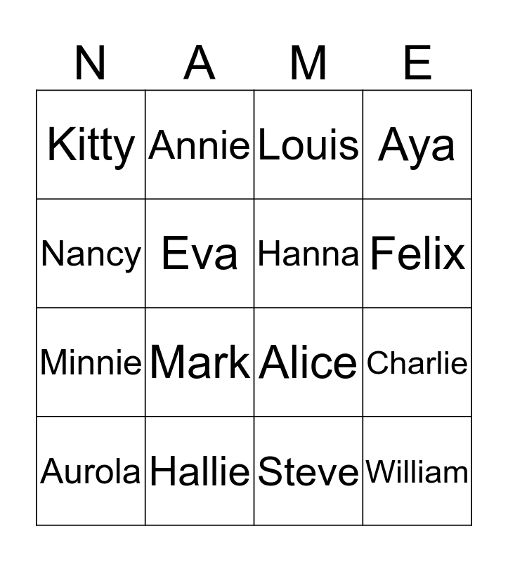 Names Bingo Card