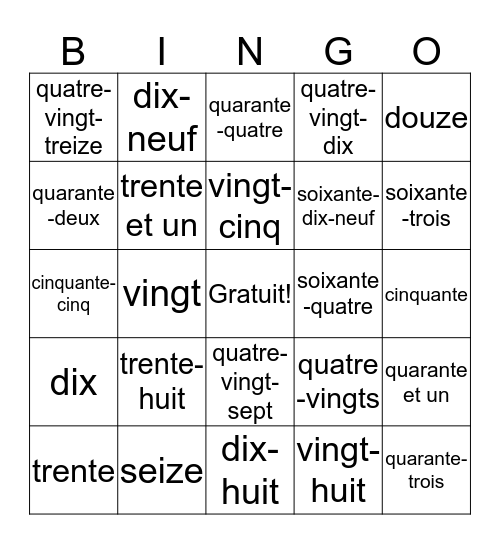 French numbers 10-95 Bingo Card