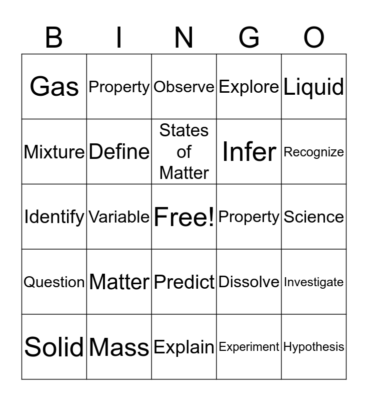 Properties of Matter Bingo Card