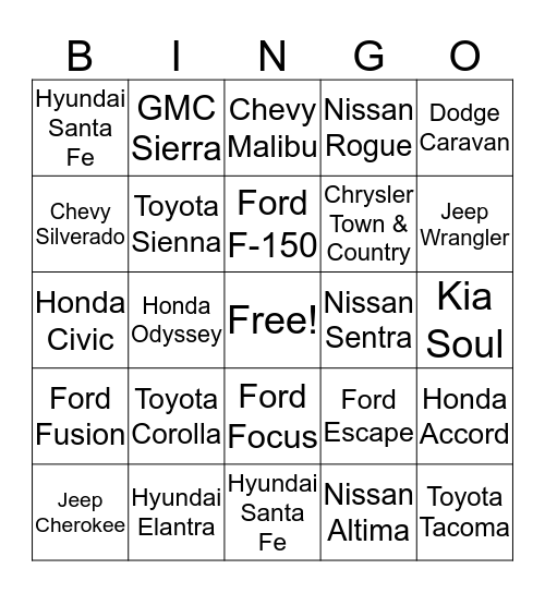Make & Model Bingo Card