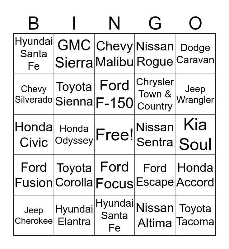 Make & Model Bingo Card