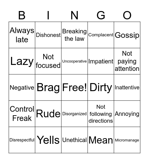 Bad Employee Bingo Card