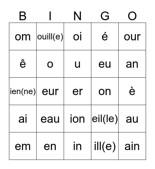 Le bingo des sons français Bingo Card