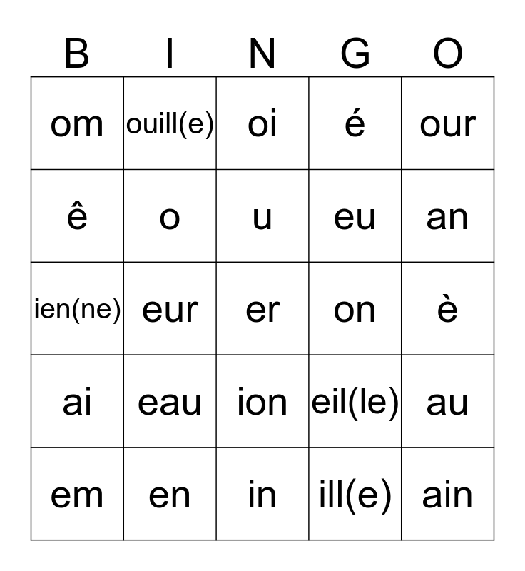 Le bingo des sons français Bingo Card
