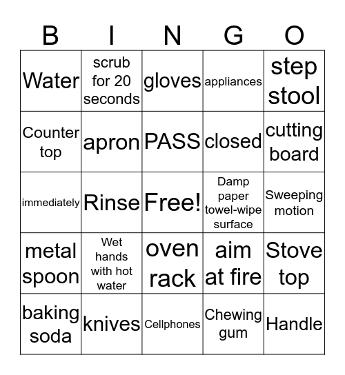 Kitchen Safety Bingo Card