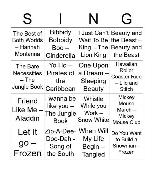 DISNEY SONGS Bingo Card