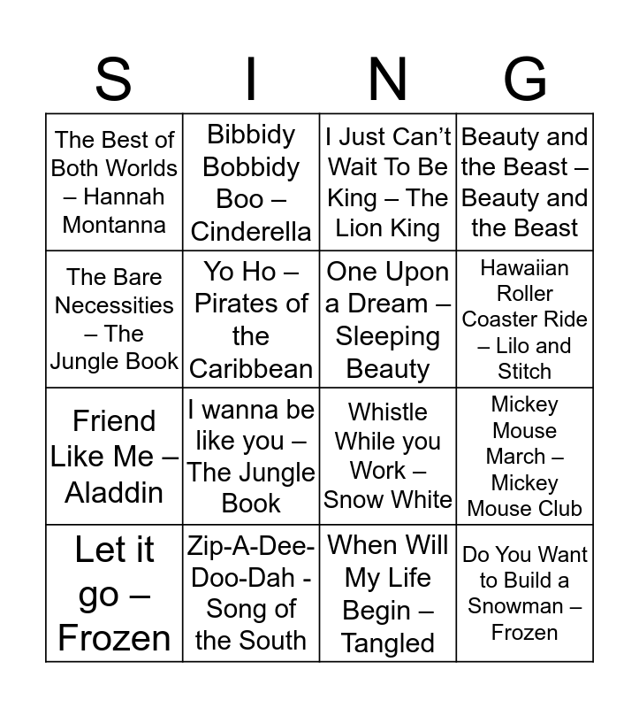DISNEY SONGS Bingo Card