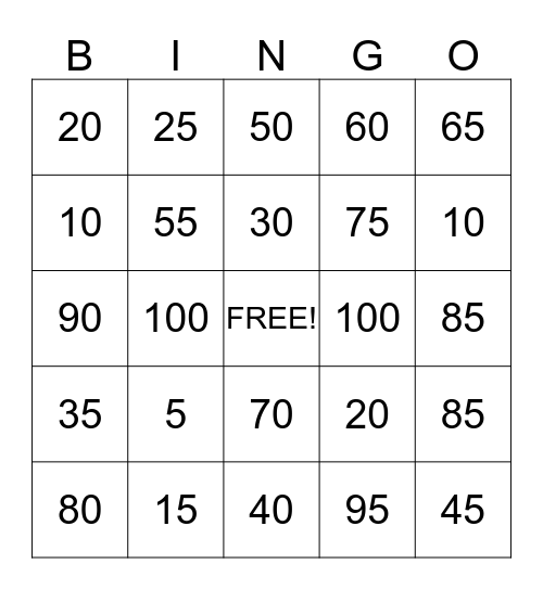 Counting by Fives Bingo Card
