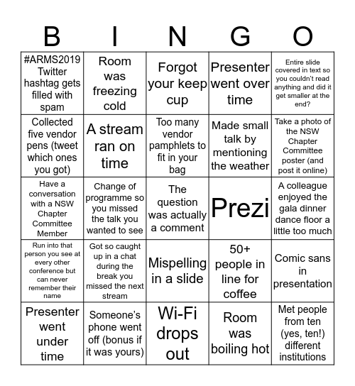 ARMS2019 NSW Member Bingo Card