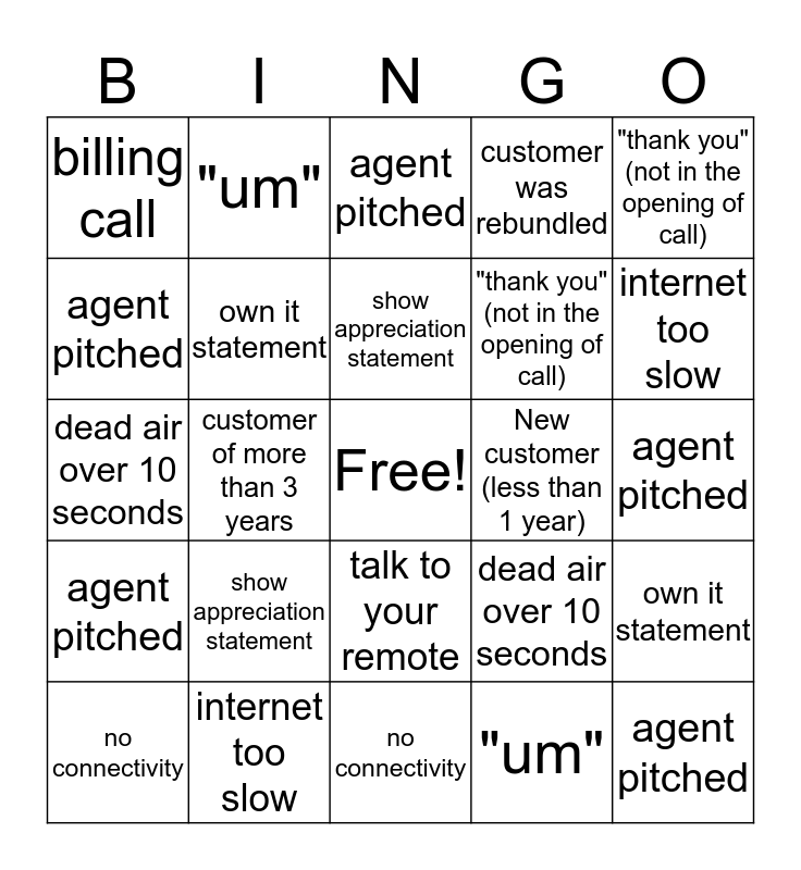 Comcast Y-Jack BINGO Card