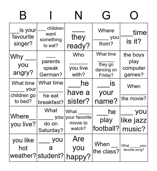 English Class Bingo Card
