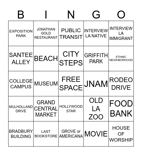 Los Angeles Bingo Card
