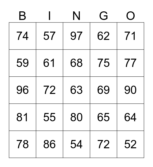 Numbers 51-100 Bingo Card