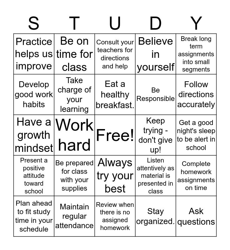 Study Skills Bingo Card