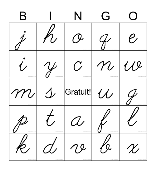 Les lettres attachées Bingo Card