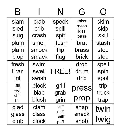 Blends / Double final consonants Bingo Card