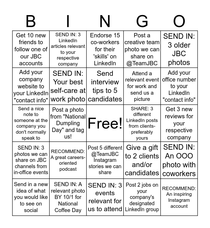 JBC Social Bingo Card