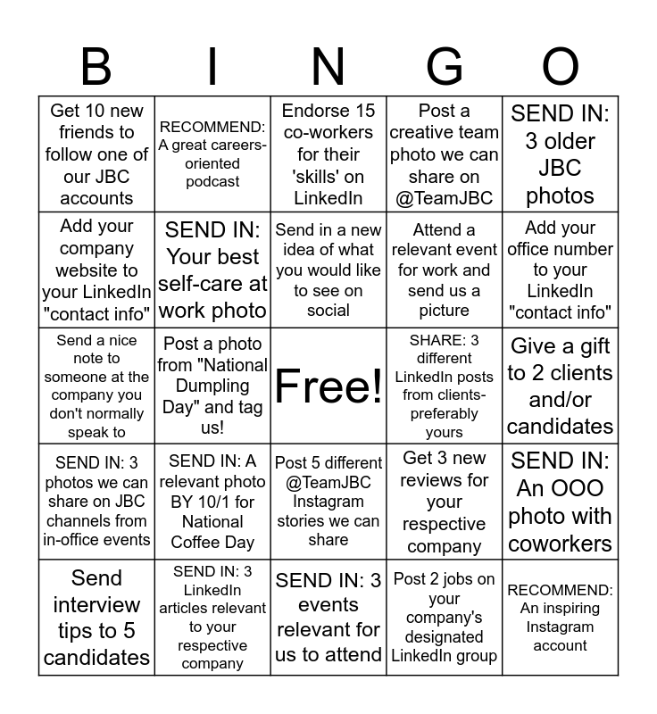 JBC Social Bingo Card