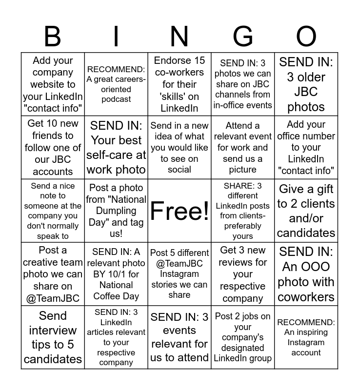 JBC Social Bingo Card