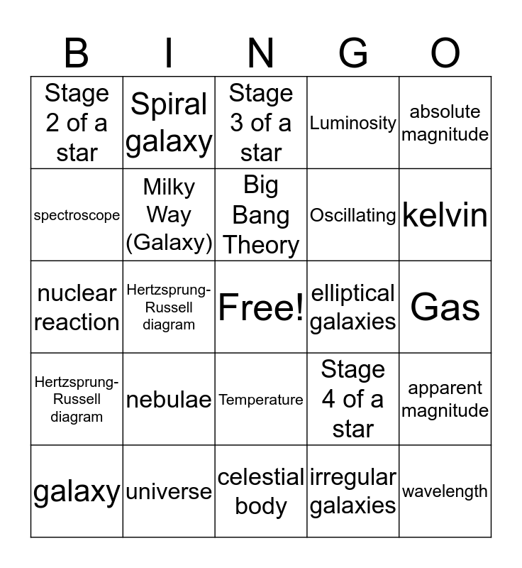 Space Vocabulary Bingo Card