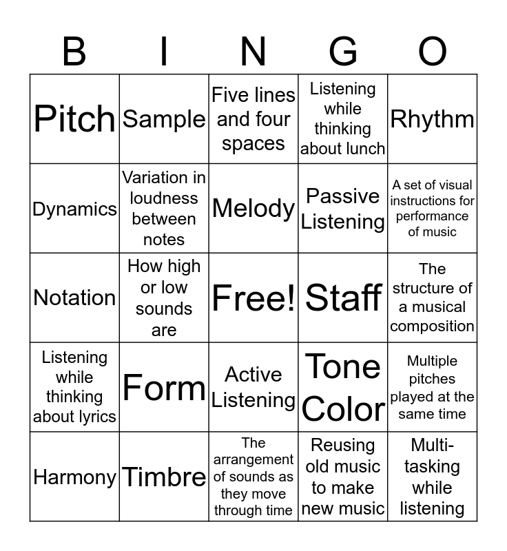Unit 1 Music Vocabulary Bingo Card