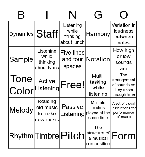 Unit 1 Music Vocabulary Bingo Card