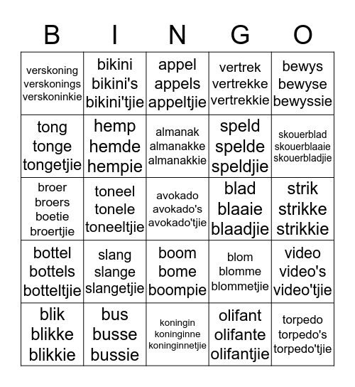 Spelling - Meervoud en Verkleining Bingo Card