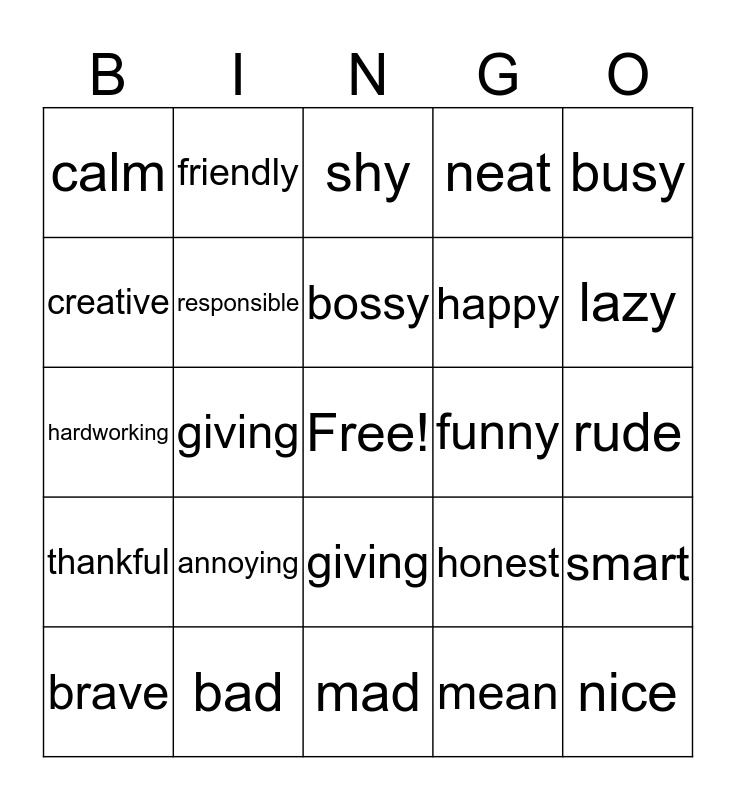 Character Traits Bingo Card