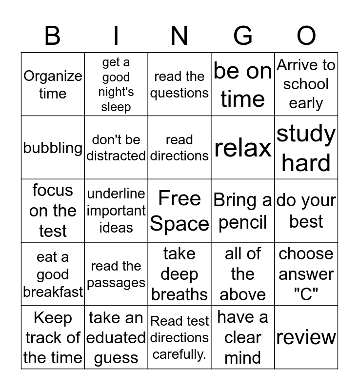 Test Taking Skills Bingo Card