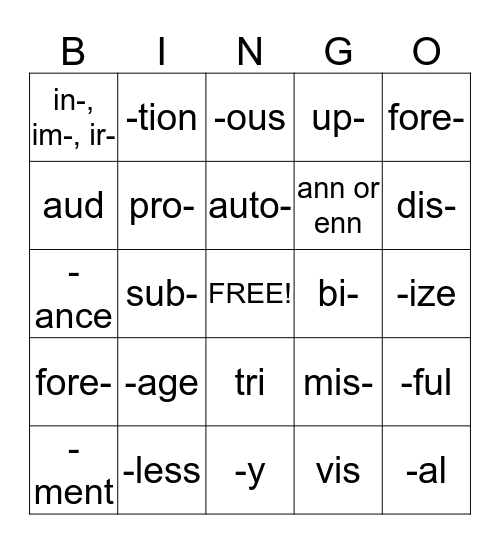 Prefix Suffix and Root Bingo Card
