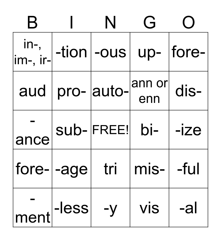 Prefix Suffix and Root Bingo Card