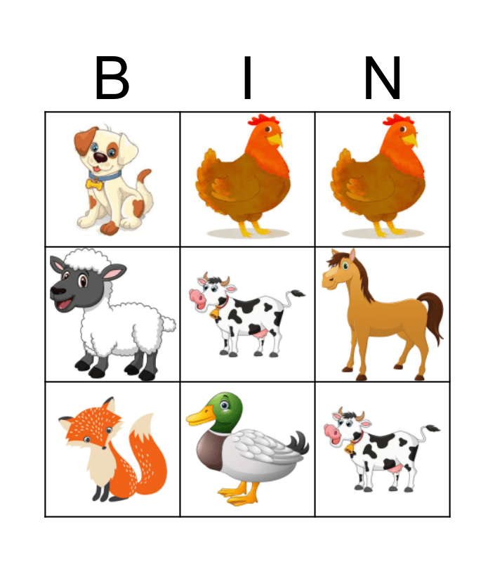 Farm Animals Bingo Card