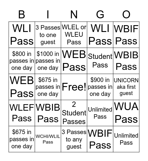 WAX PASS BINGO Card