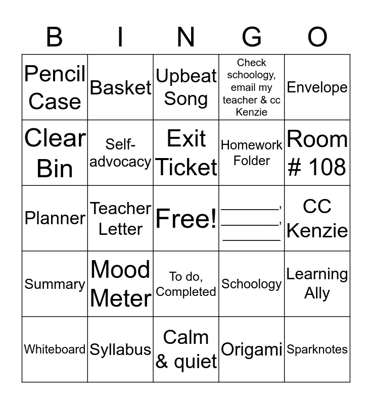 Study Skills BINGO Bingo Card