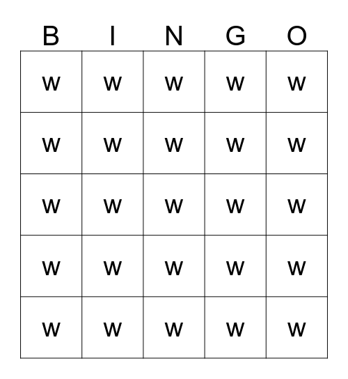 Quick Write Bingo Sheet Bingo Card