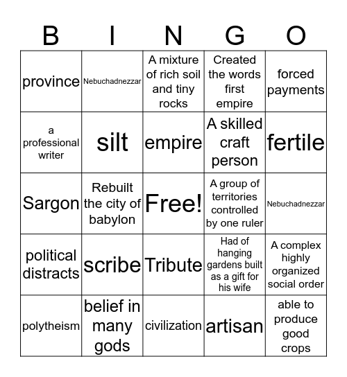 Mesopotamia Bingo Card