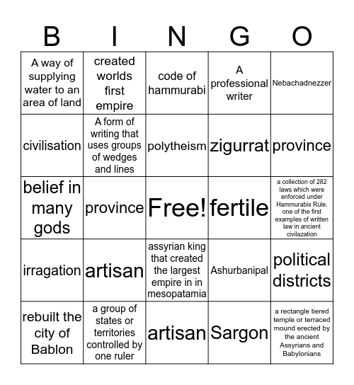 Mesopotamia Bingo Card