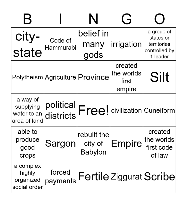 Mesopotamia Vocab Bingo Card