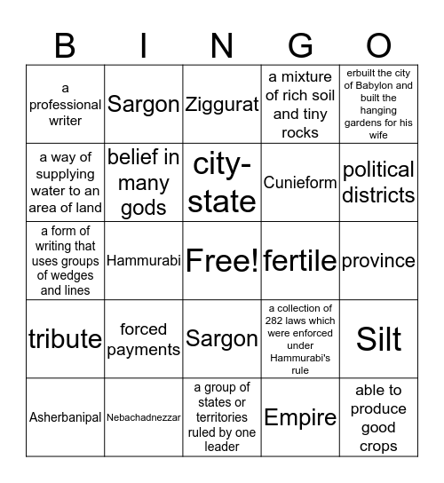 Mesopotamia bingo Card