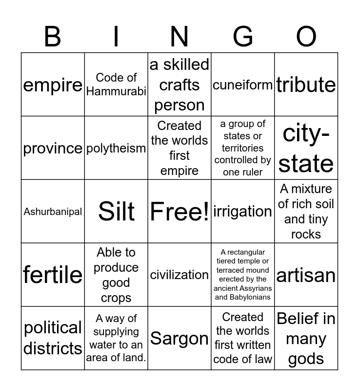 Mesopotamia Bingo Card