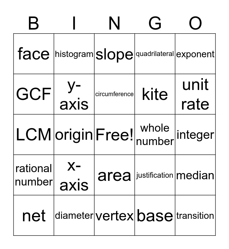 Algebra BINGO Card