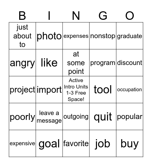 Active Intro Units 1-3, Vocabulary Review Bingo Card