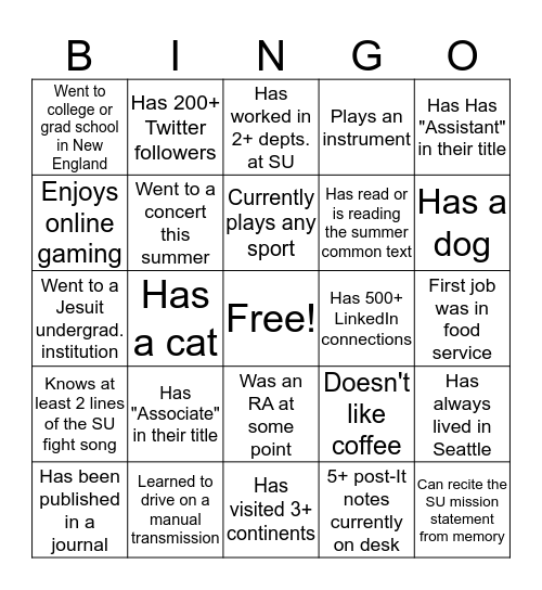 Hi, Co-Worker Bingo Card